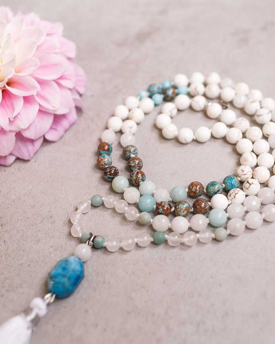 Handmade Gemstone Mala with Magnesite, White Jade, and Apatite ...